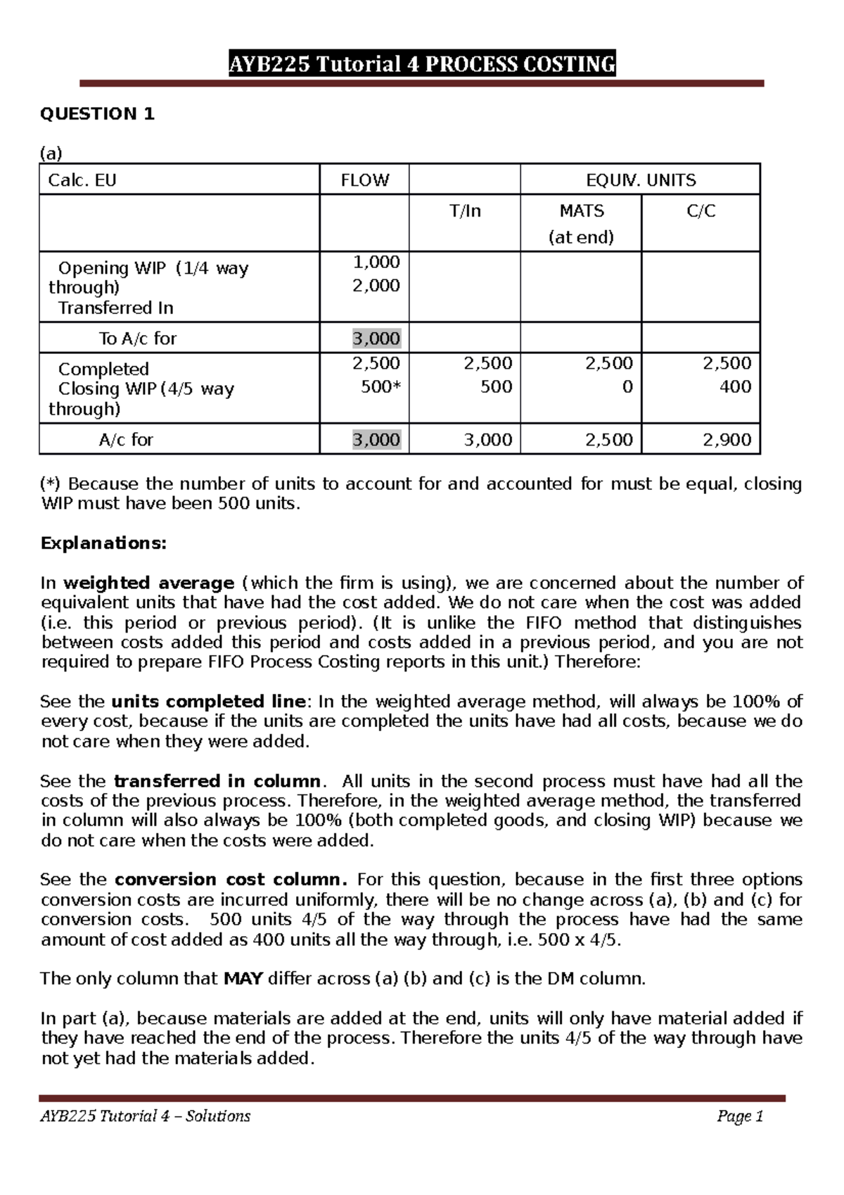 AYB225 Tutorial 4 Solutions - AYB225 Tutorial 4 PROCESS COSTING ...