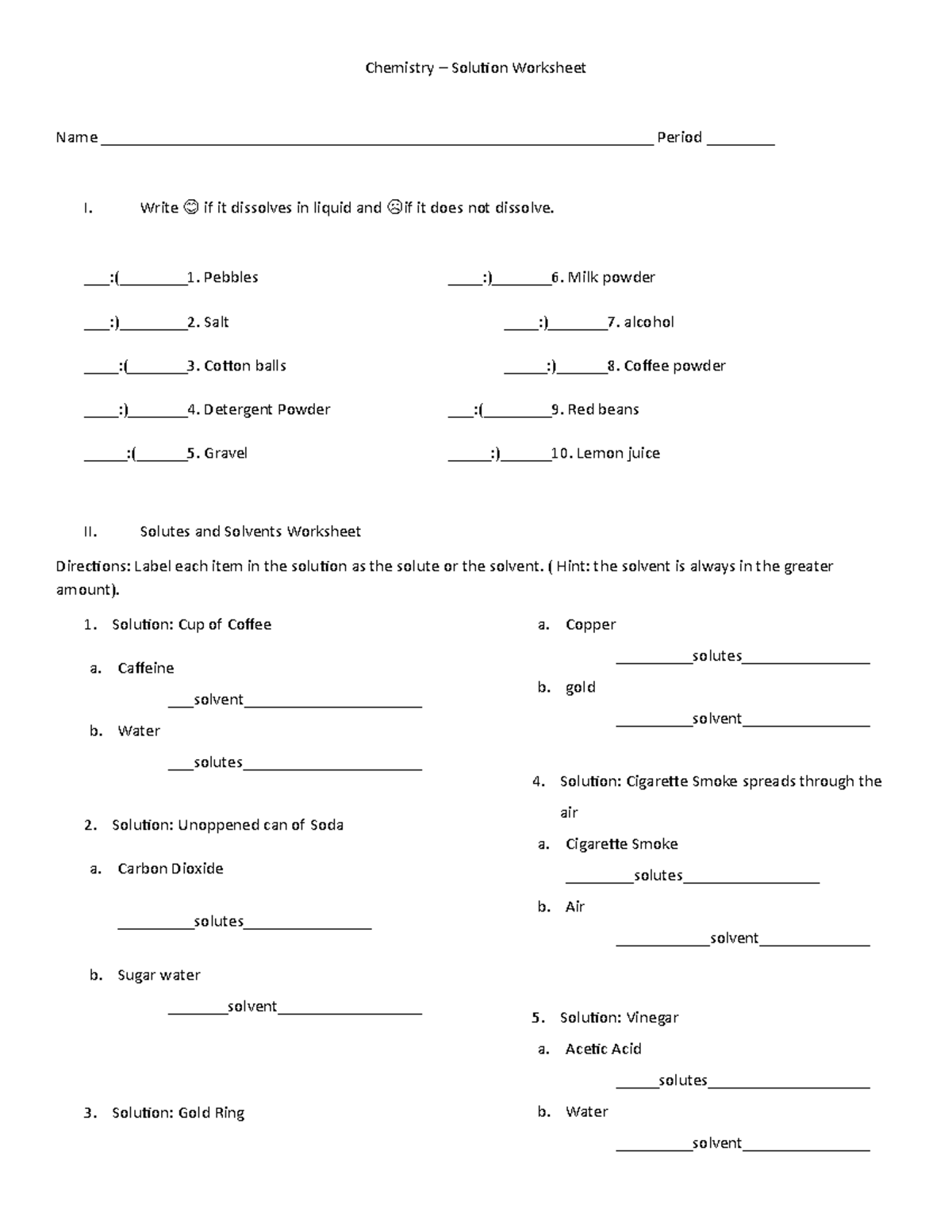 Chemistry-Solution CW - Copy - Chemistry – Solution Worksheet Name ...