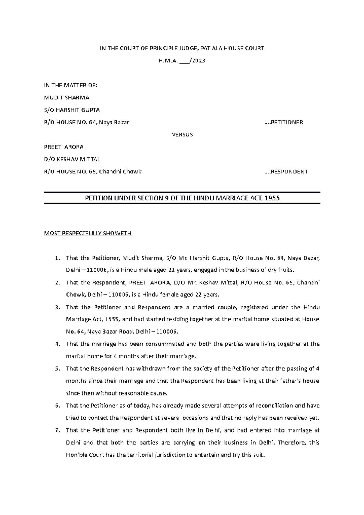 RCR Sample Petition - drafting notes - IN THE COURT OF PRINCIPLE JUDGE ...
