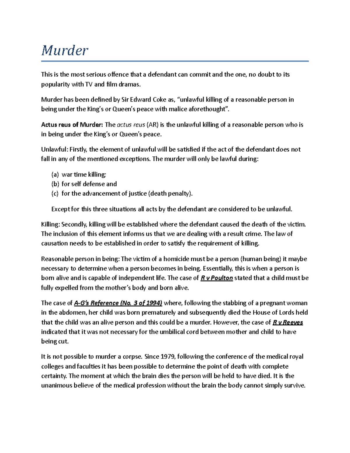 Homicide notes on criminal - Murder This is the most serious offence ...