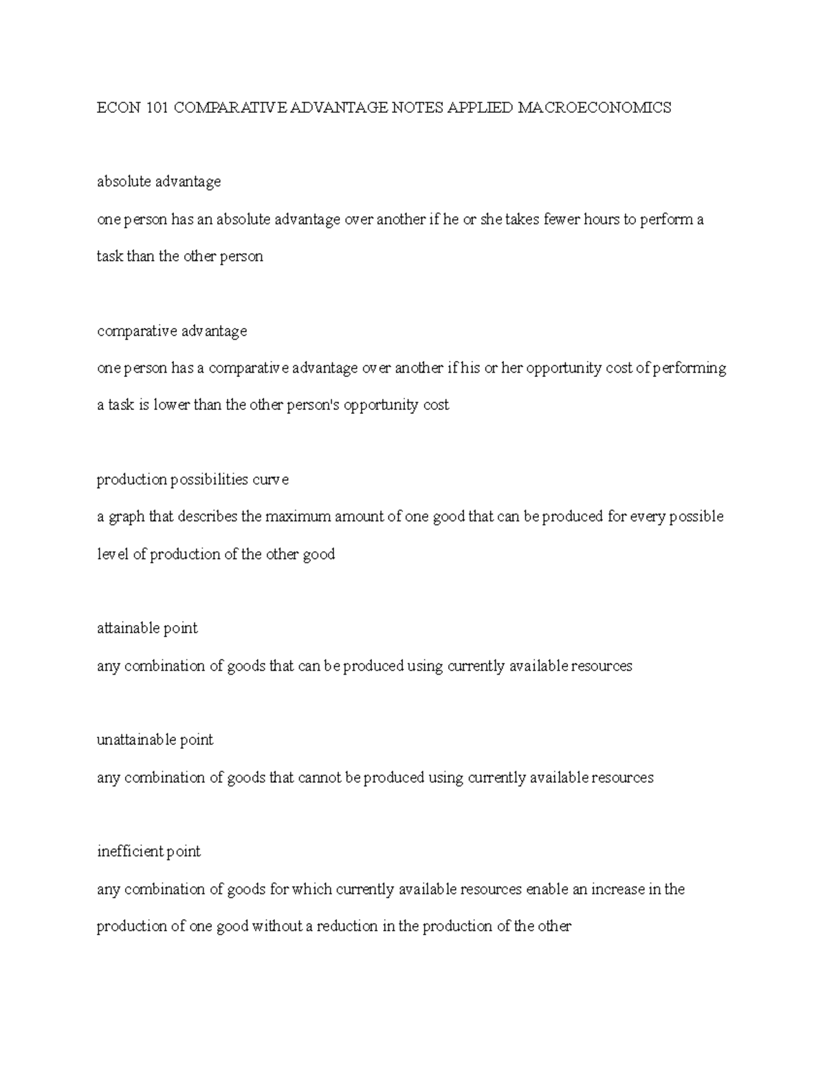 ECON 101 Comparative Advantage Notes Applied Macroeconomics - ECON 101 ...