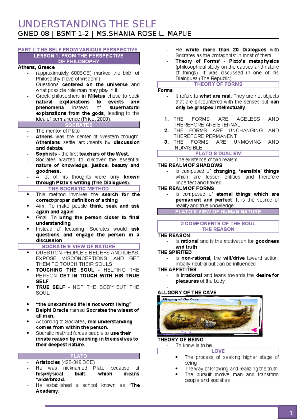 UTS-Transes LECTURE - GNED 08 | BSMT 1-2 | MS ROSE L. MAPUE PART I: THE ...