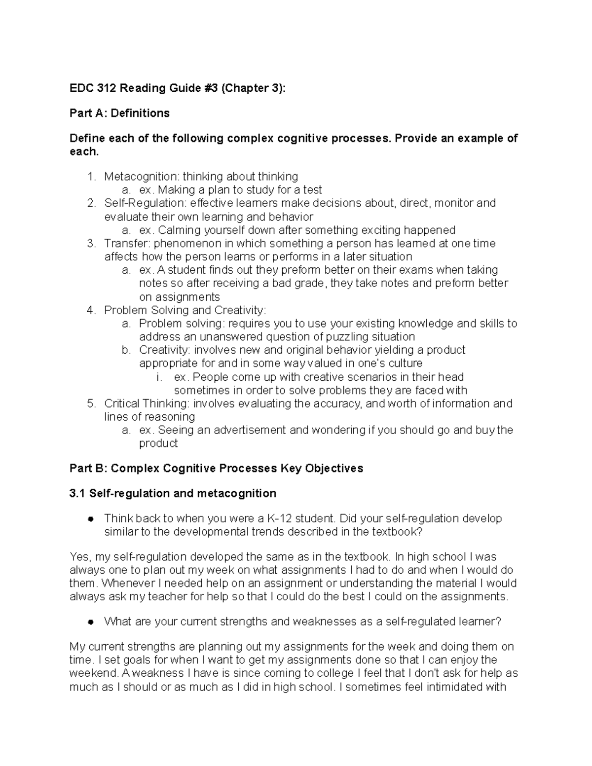 Reading Guide 3 2 Provide An Example Of Each Metacognition Thinking
