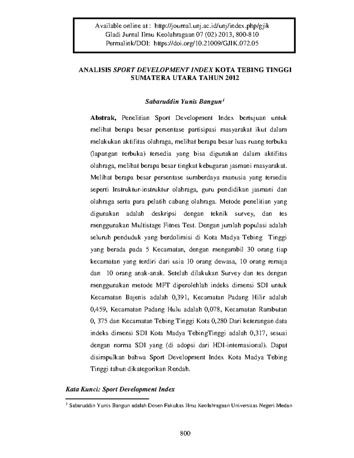 Jurnal 10 - ANALISIS SPORT DEVELOPMENT INDEX KOTA TEBING TINGGI ...
