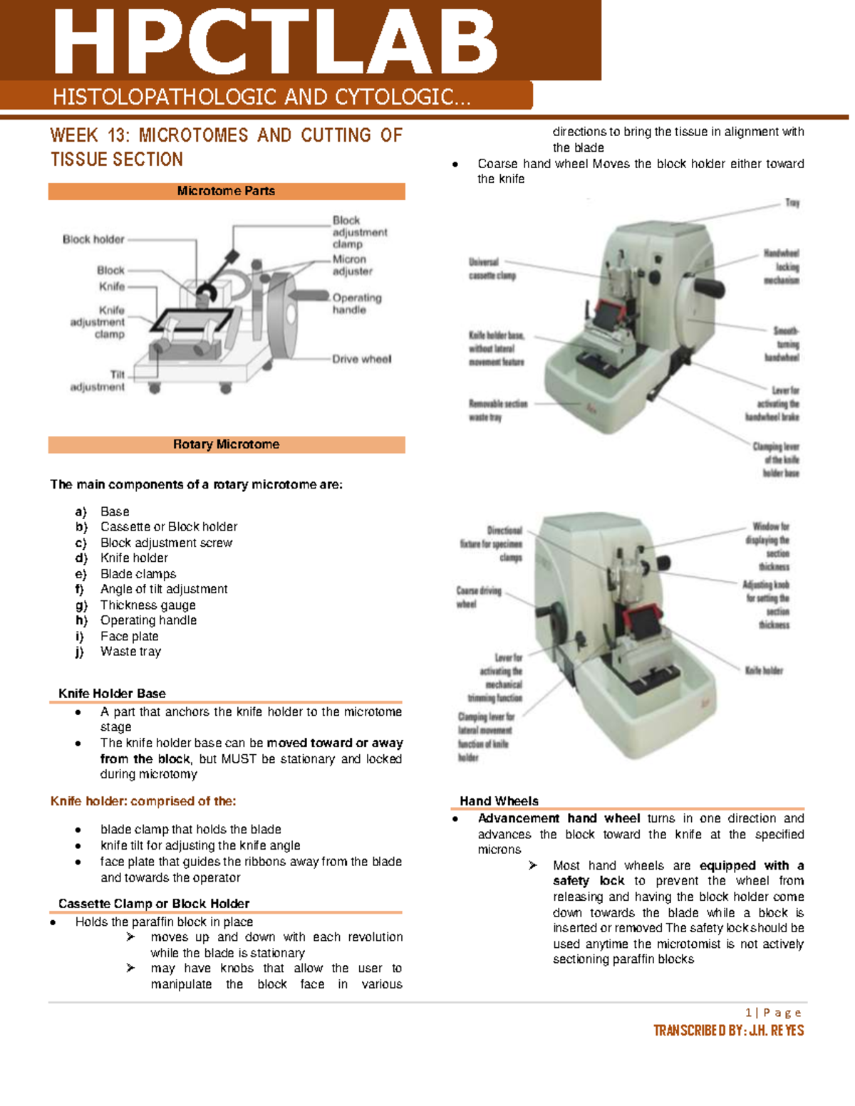 Week 13 Microtomy and Sectioning - 1 | P a g e TRANSCRIBED BY: J. REYES ...
