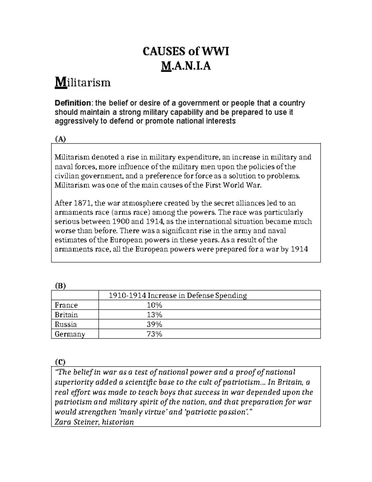 Causes of WWI Station Activity - M.A.N.I Militarism Definition: the ...