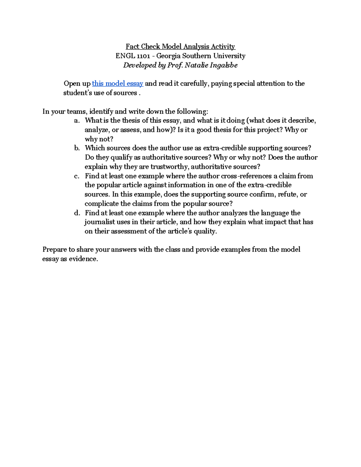 Fact Check Model Activity for Team-Based ENGL 1101 - Fact Check Model ...