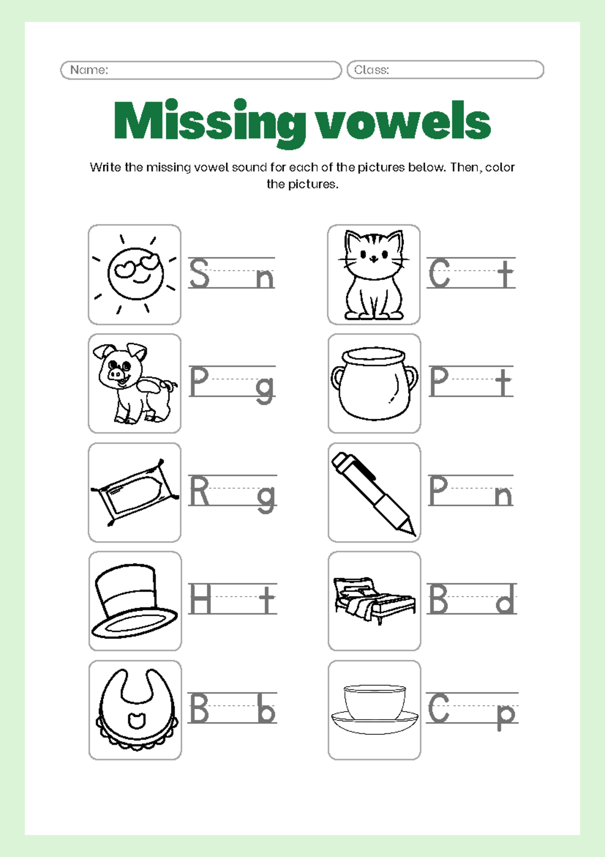 Green White Simple Missing Vowels CVC Worksheet - Filipino - Missing ...