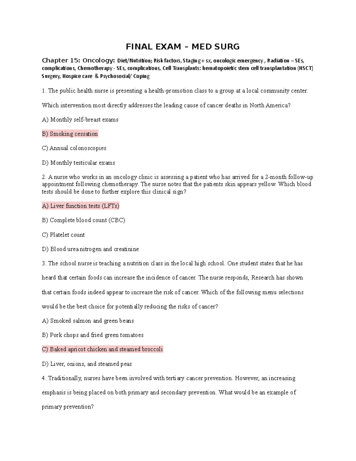 Foundations of nursing review questions - FINAL EXAM – MED SURG Chapter ...