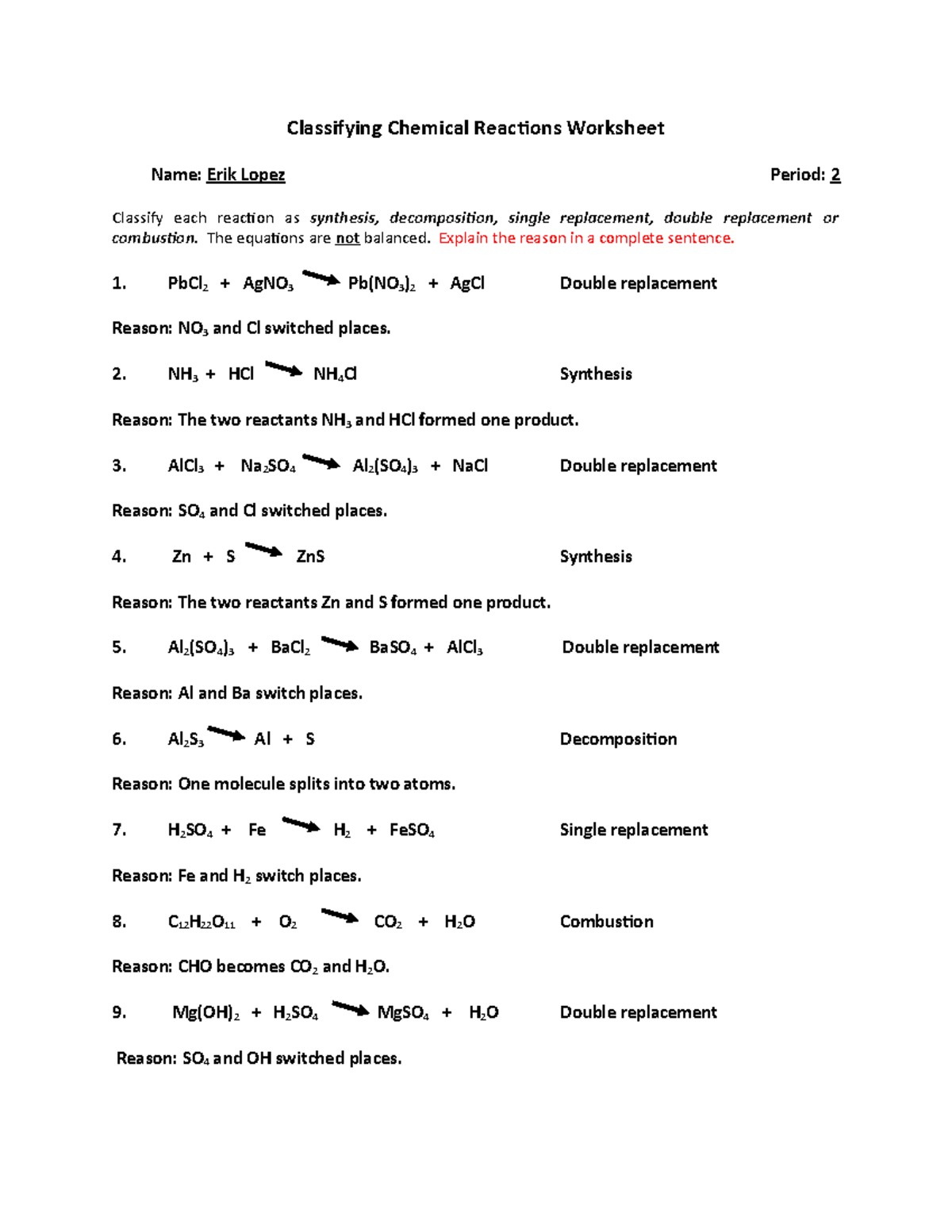 Types of chemical equations - Classifying Chemical Reactions Worksheet ...