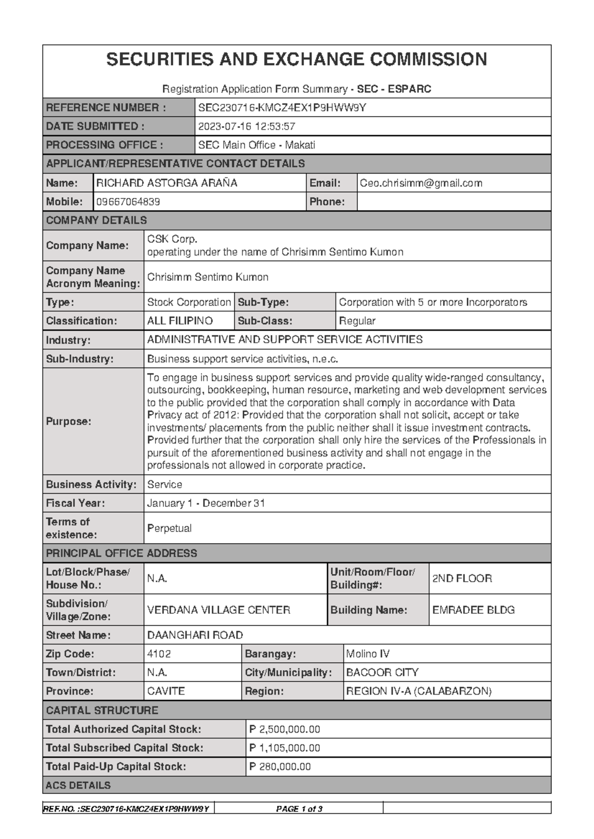 Application Summary Form Cskcorp - REF. :SEC230716-KMCZ4EX1P9HWW9Y PAGE ...