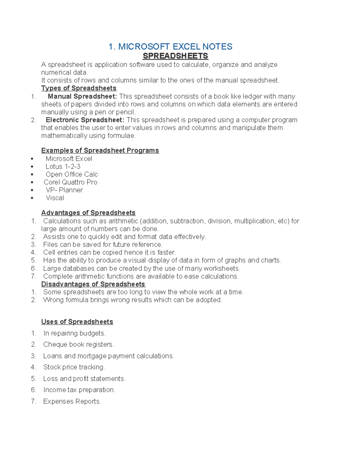 Microsoft Excel Notes - education is power - 1. MICROSOFT EXCEL NOTES ...