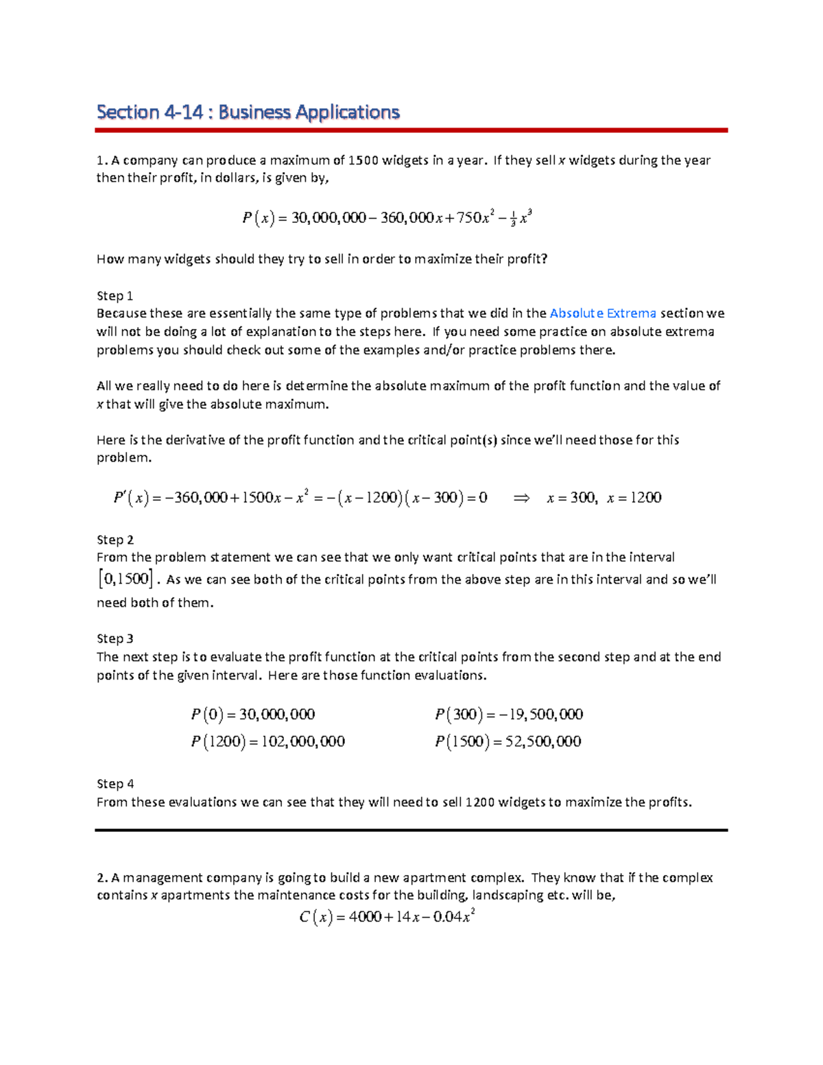 Calc I Business Apps Solutions - Section : Business Applications 1. A ...