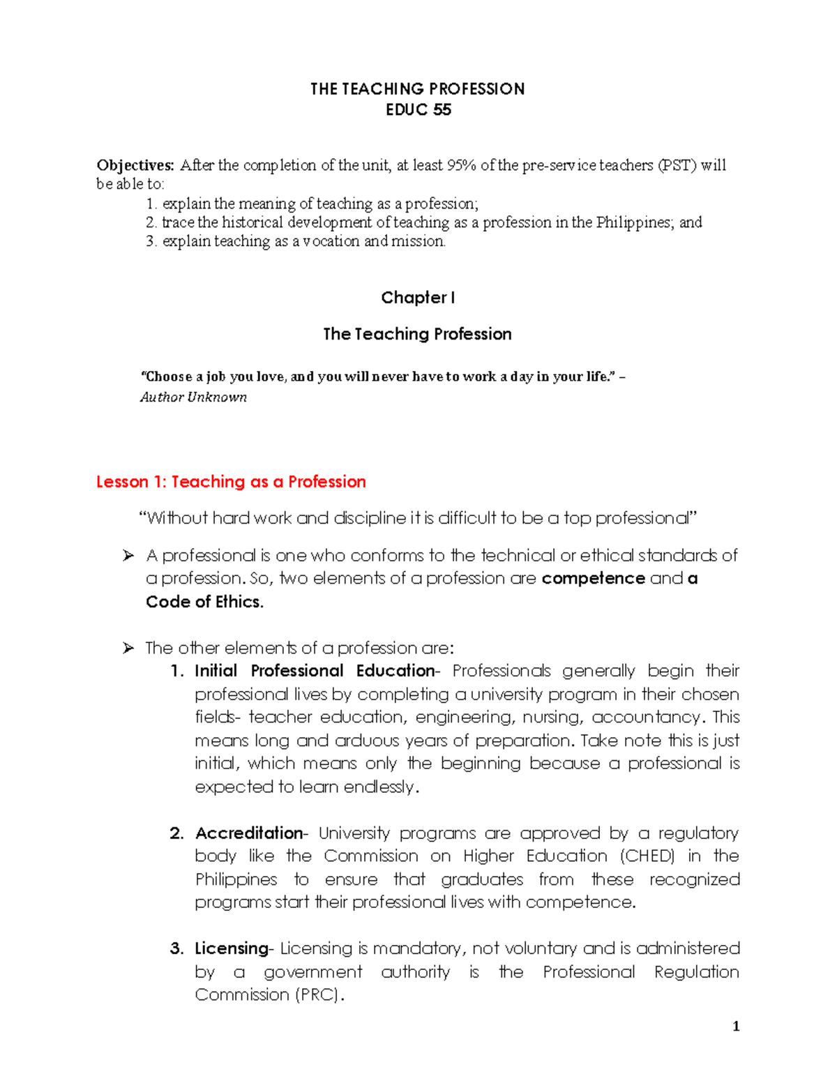 Chapter I. The Teaching Profession - THE TEACHING PROFESSION EDUC 55 ...