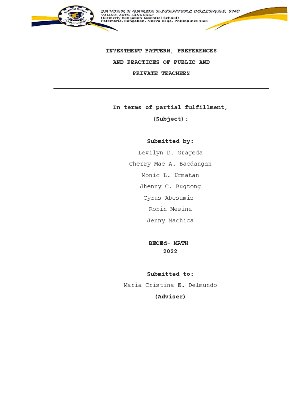 MATH Thesis Group.5 Original - INVESTMENT PATTERN, PREFERENCES AND ...