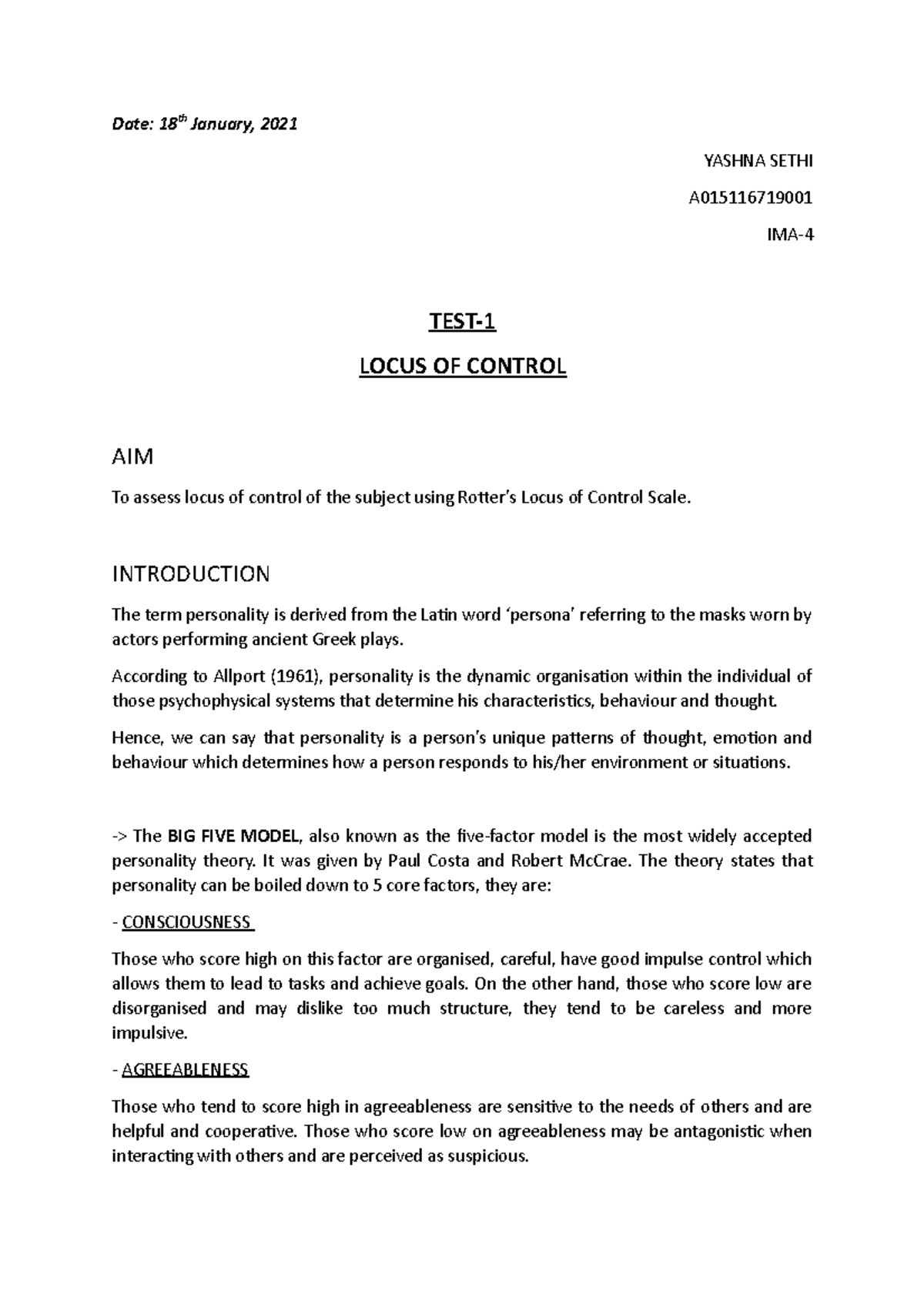 Locus Of Control - Practicum 1 - Date: 18th January, 2021 YASHNA SETHI ...