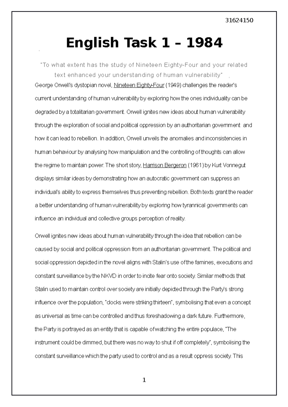 English Task 1 - 1984 - English Task 1 – 1984 “To wha t exte nt has th ...