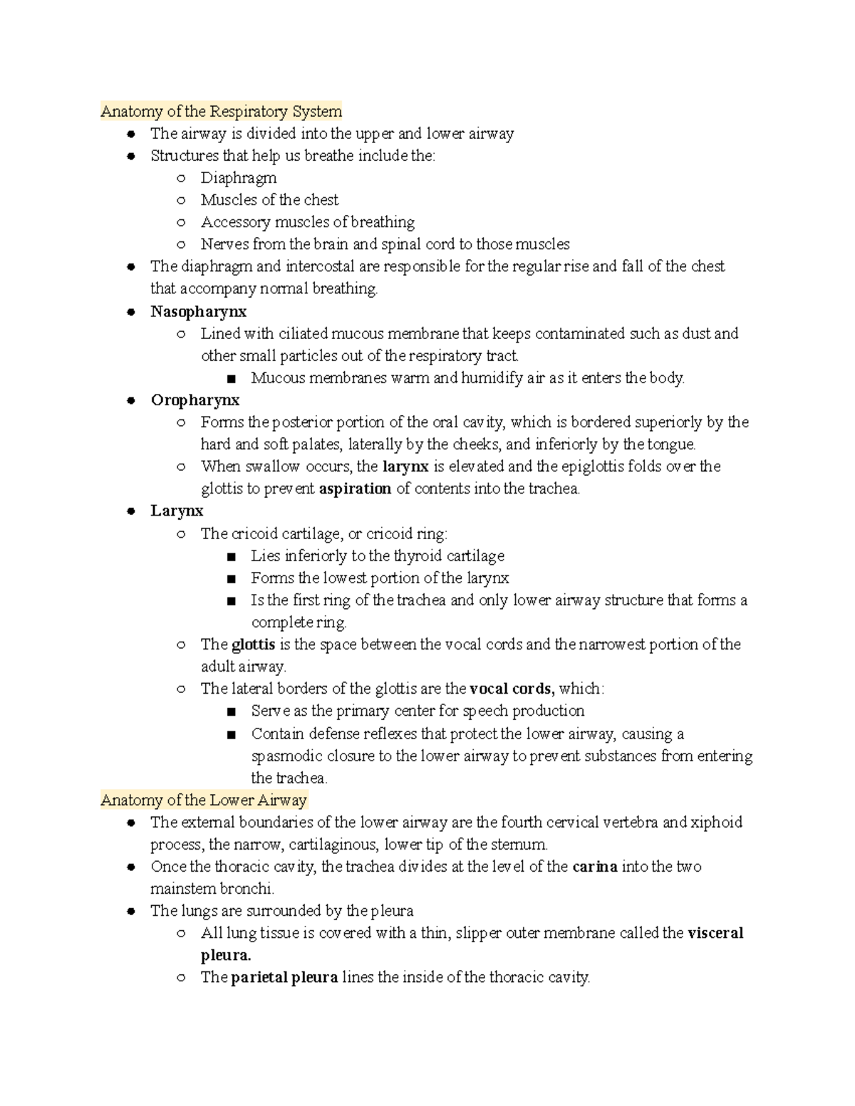 EMS notes chatper 11 - Anatomy of the Respiratory System The airway is ...