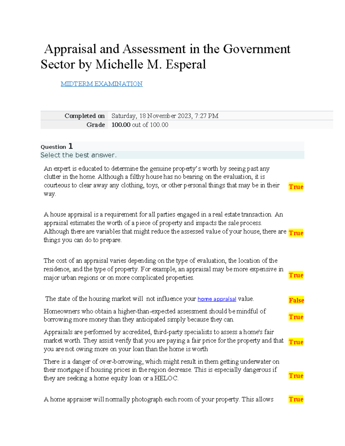 Appraisal and Assessment in the Government Sector Midterm - Appraisal ...