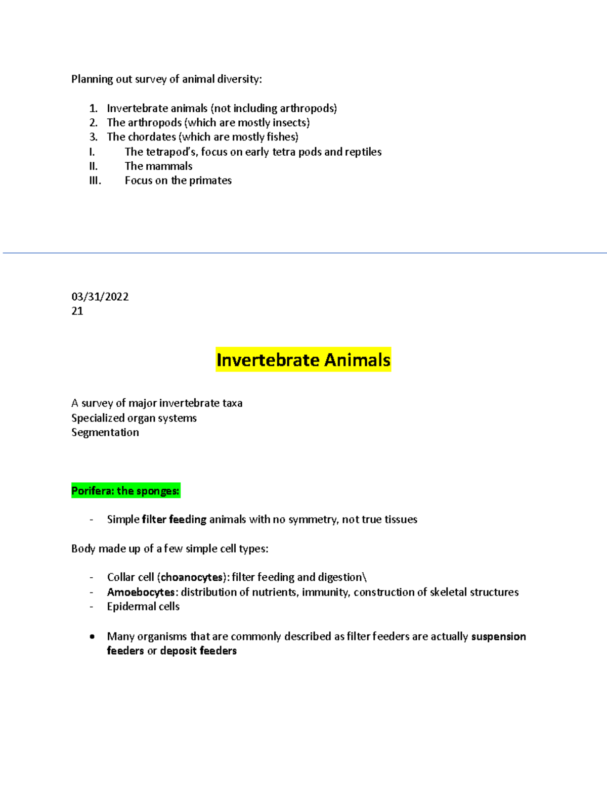 BIO 2 semester Notes - Planning out survey of animal diversity ...