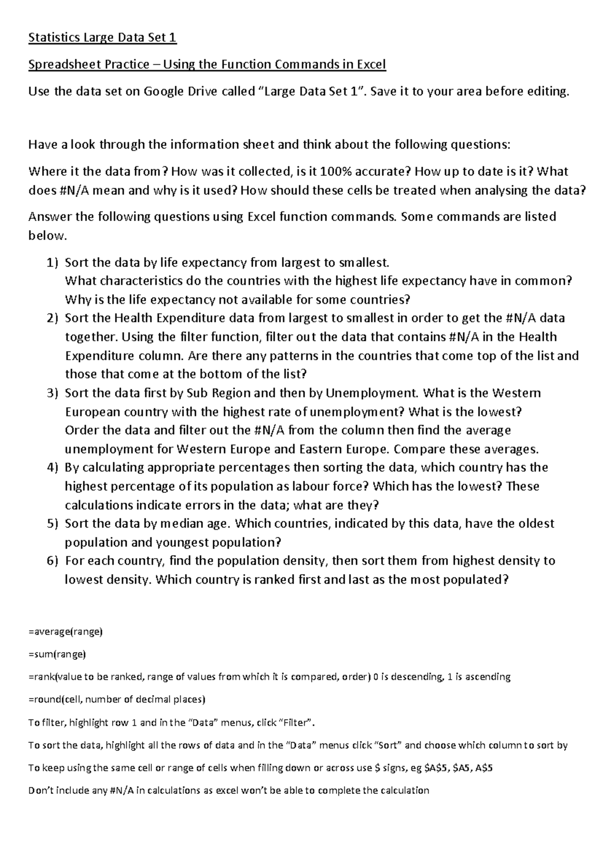 LDS 1 practice worksheet 1 Using Excel Functions - Statistics Large ...