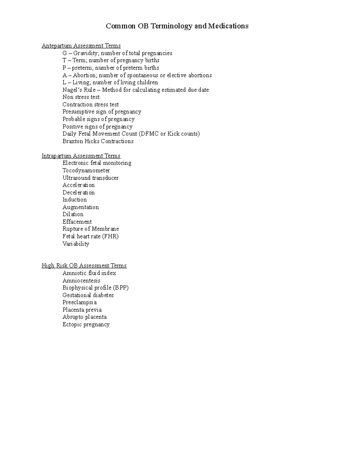 Common OB Terminology and Medications -1 - Common OB Terminology and ...