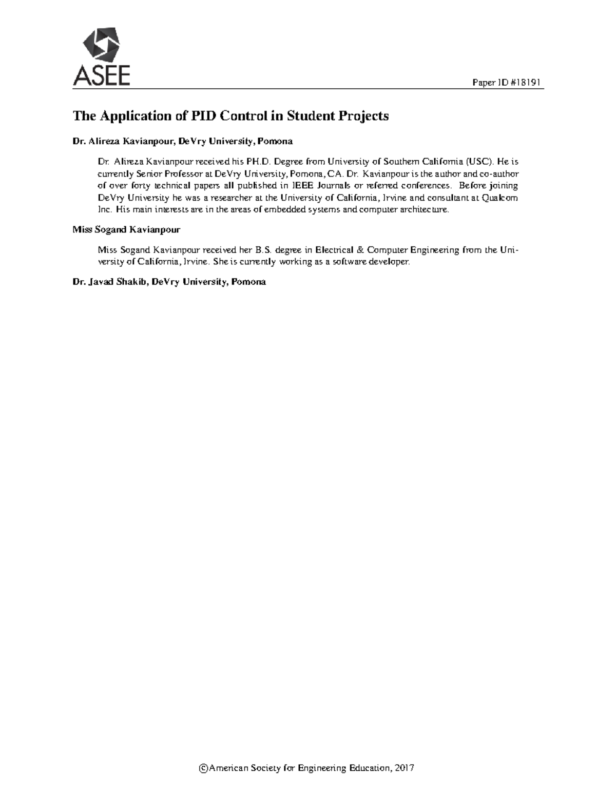 The application of pid control in student projects - Paper ID # The ...