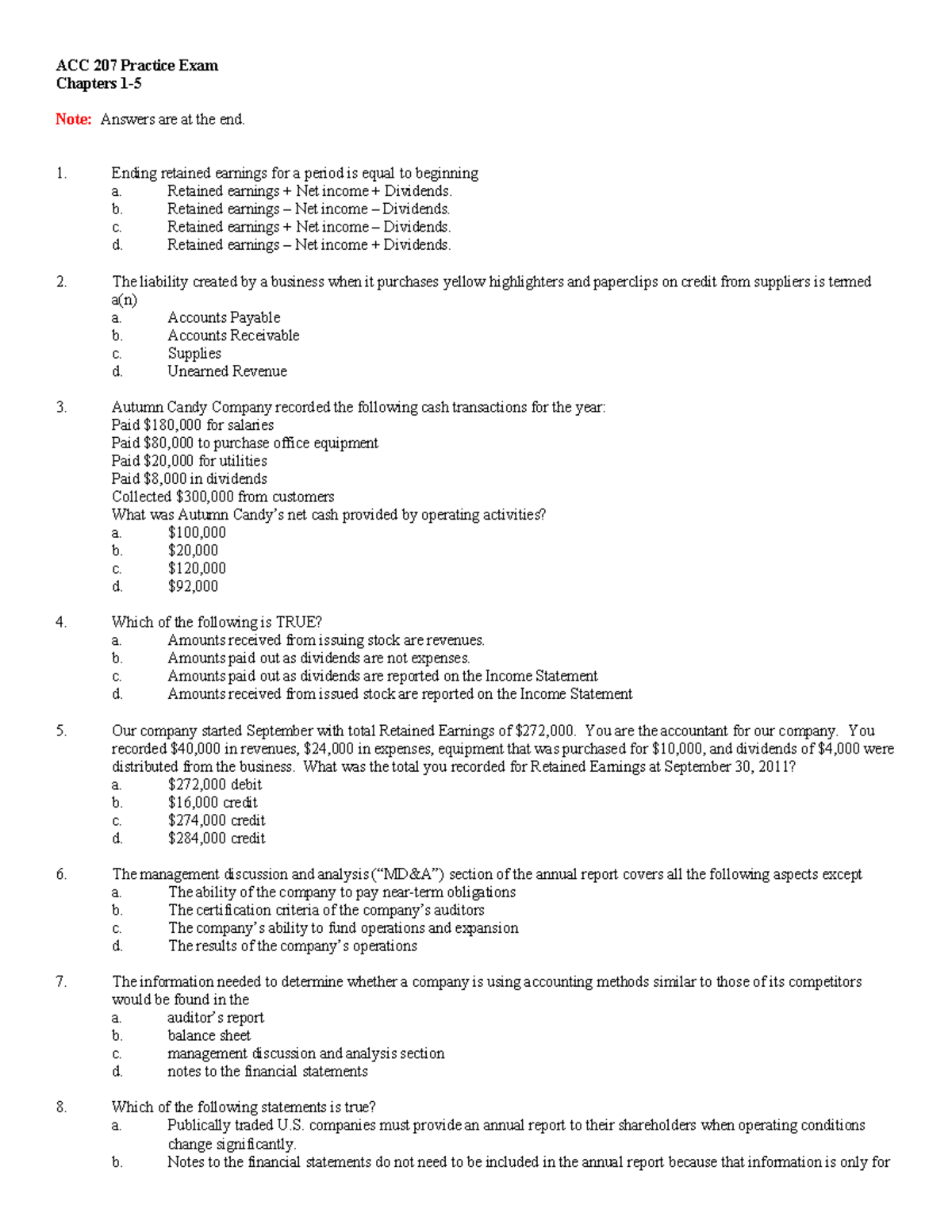 Practice Test 1 Covers Chapters 1 to 5 - ACC 207 Practice Exam Chapters ...