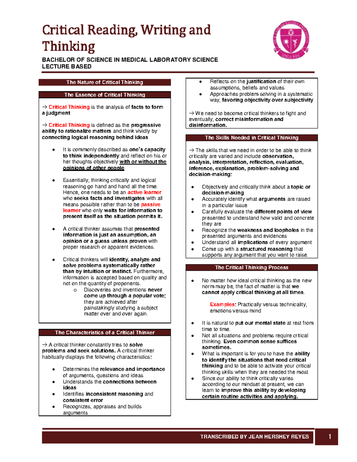 Lesson 10 The Nature of Critical Thinking - Critical Reading, Writing ...