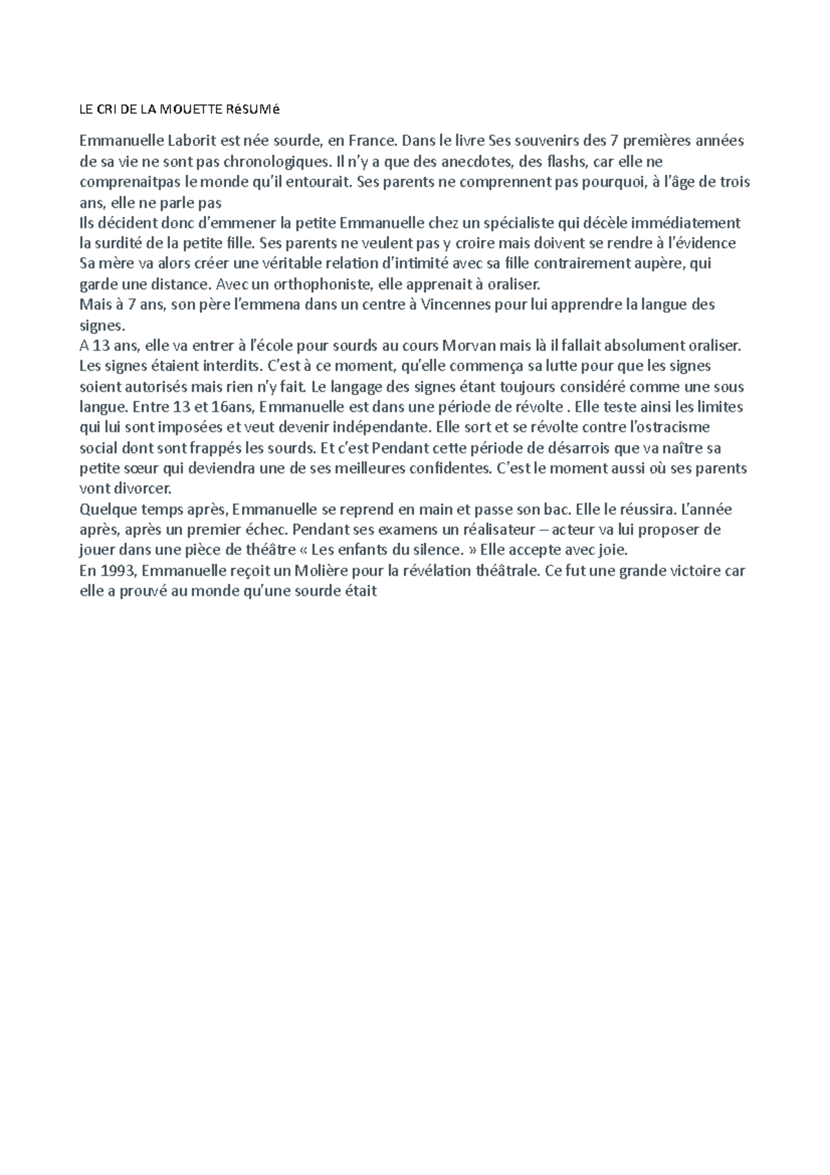 LE CRI DE LA Mouette Ré SUMé - LE CRI DE LA MOUETTE RéSUMé Emmanuelle ...