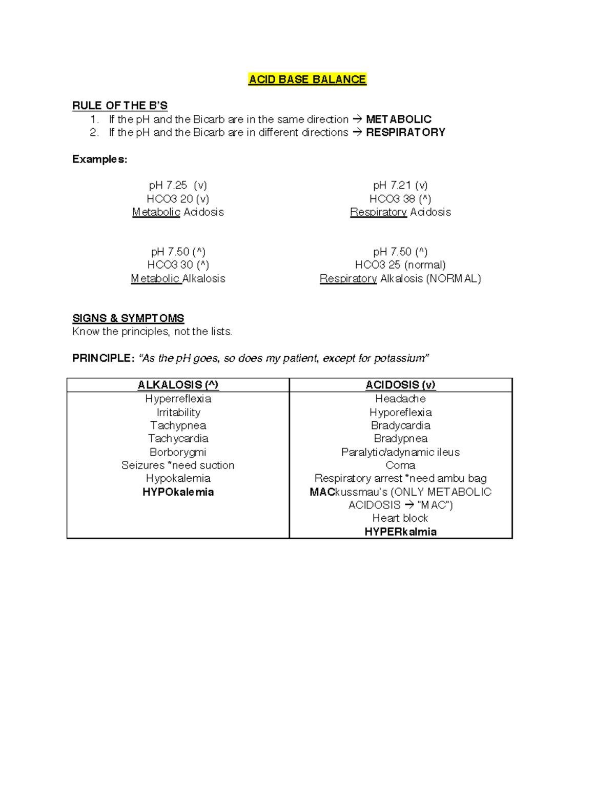 Arterial blood gases - notes - ACID BASE BALANCE RULE OF THE B’S If the ...