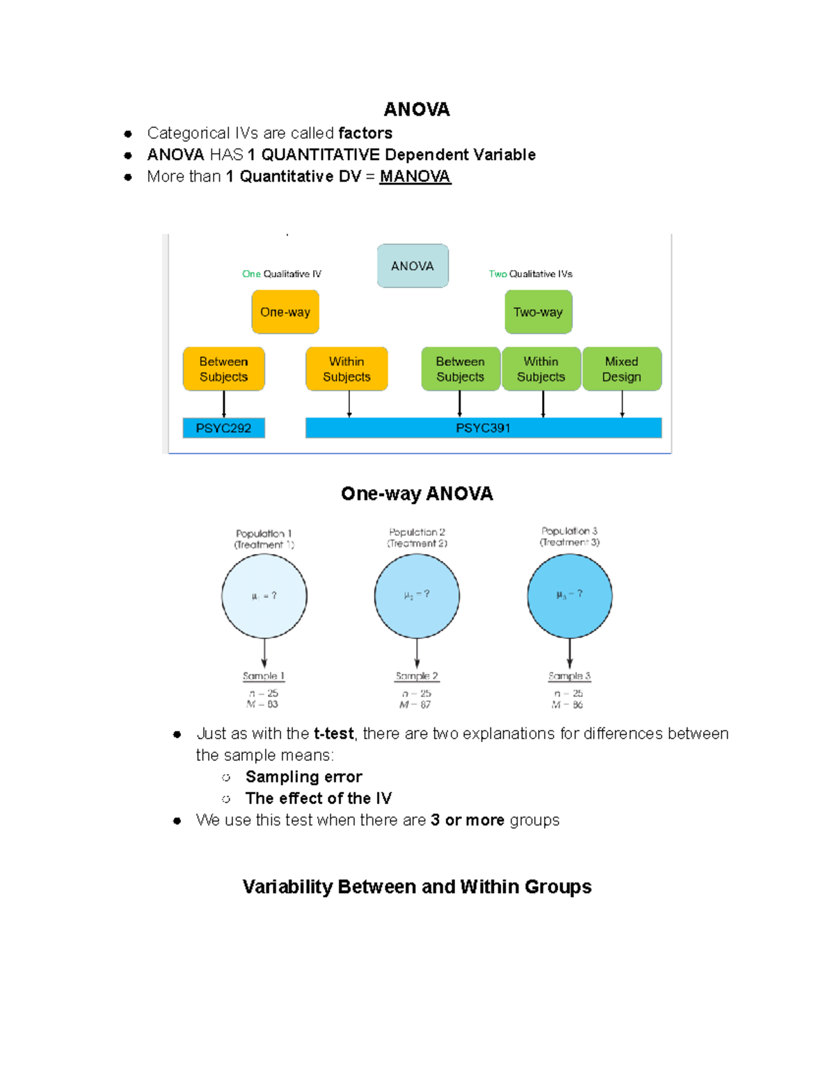 Anova - Correlation - ANOVA Categorical IVs are called factors ANOVA HAS 1 QUANTITATIVE - Studocu