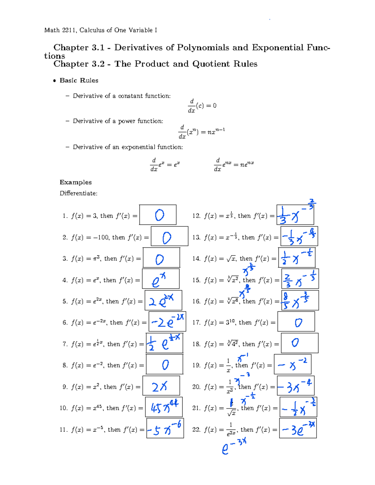 Sol. of Notes 3.1, 3 - Yang Li - Math 2211, Calculus of One Variable I ...