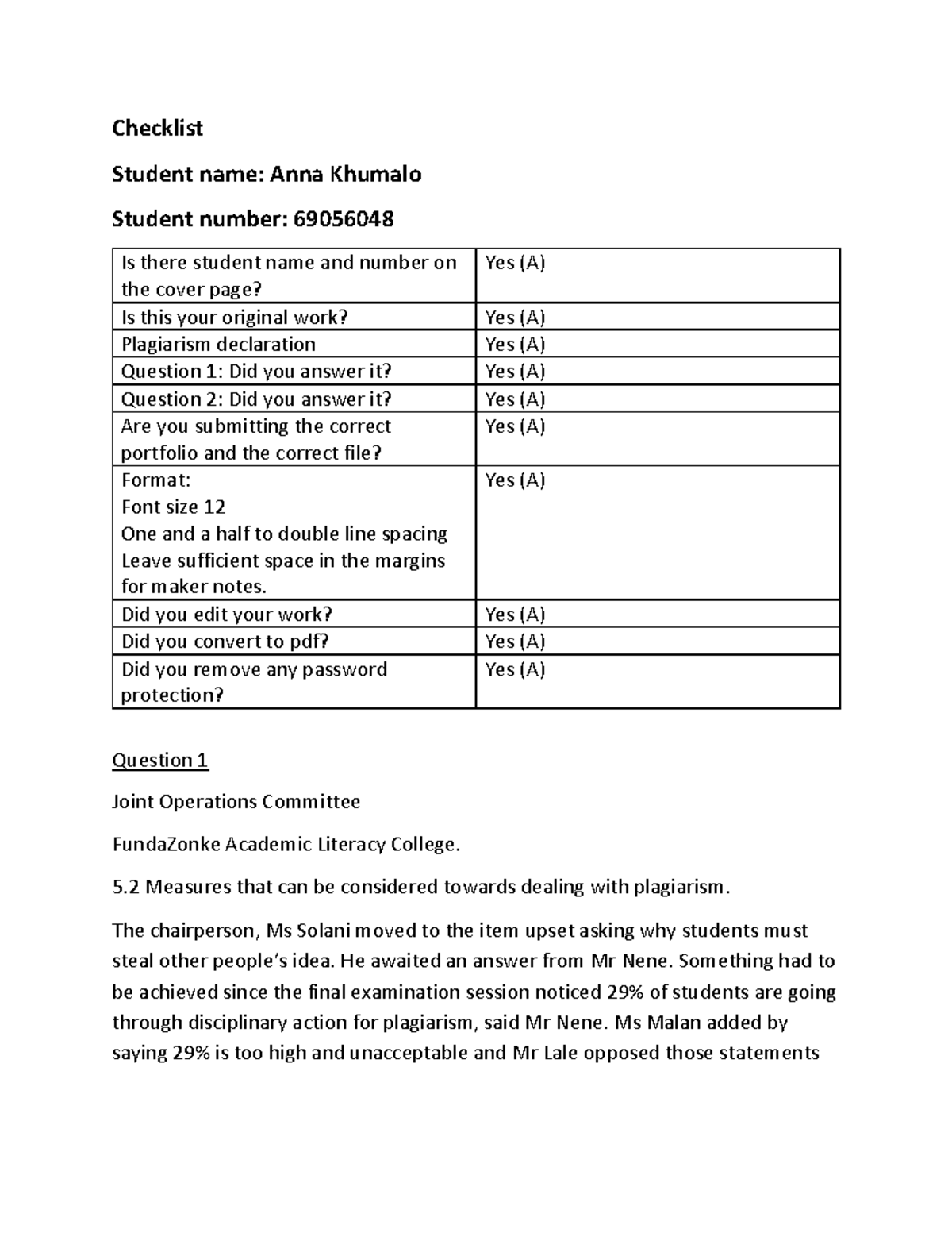 Enn1504 examination - BASIC INFO - Checklist Student name: Anna Khumalo ...