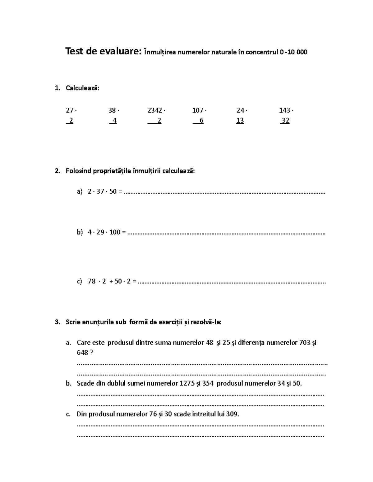 Test de evaluare matematica - Test de evaluare: Înmulțirea numerelor ...
