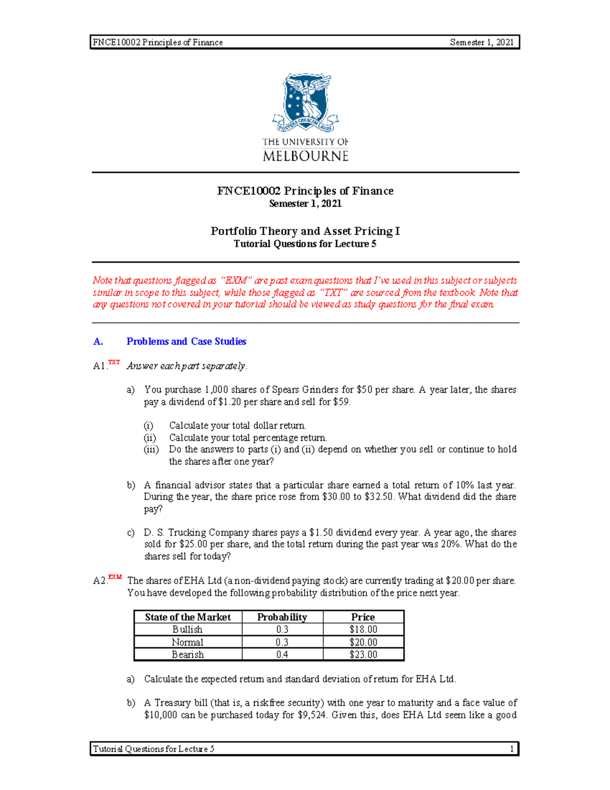 Tutorial 05 - Port Theory 1 - FNCE10002 Principles of Finance Semester 1, 2021 Tutorial ...