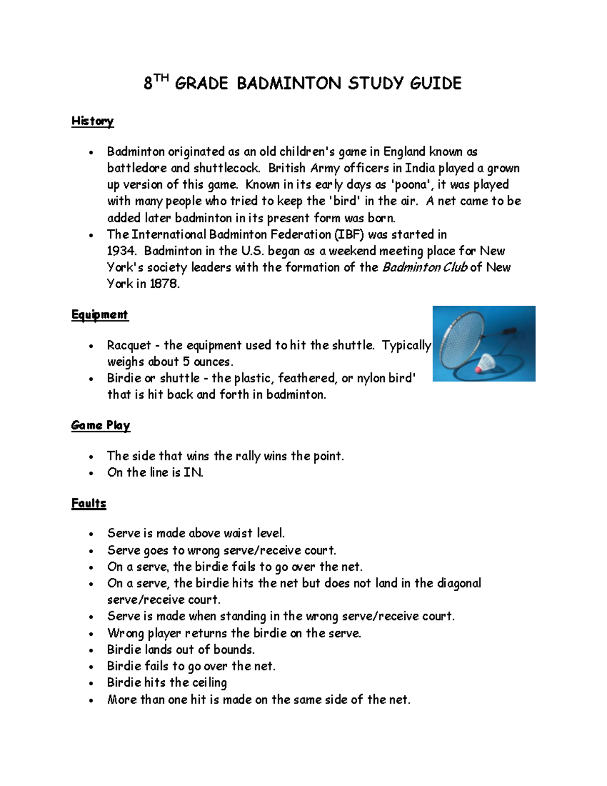 8TH Grade 2 Badminton Study Guide - 8 TH GRADE BADMINTON STUDY GUIDE ...