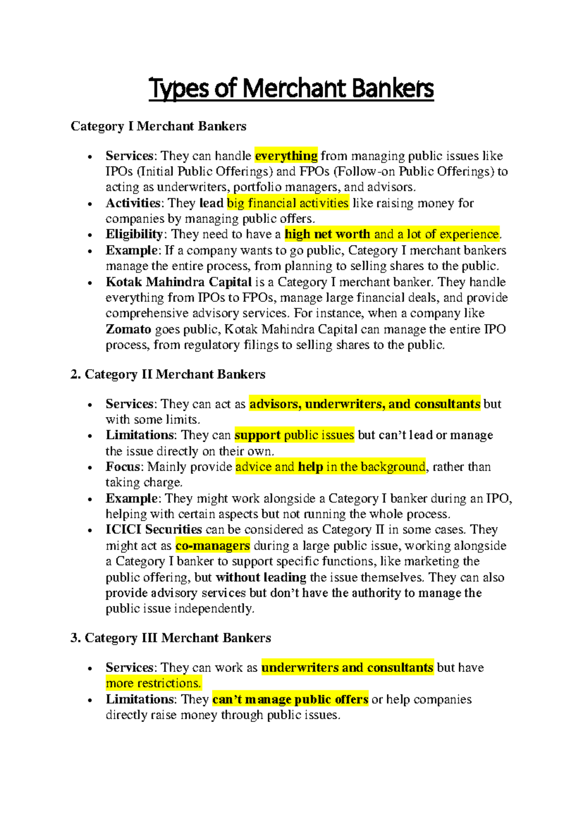 Types of Merchant Bankers - Types of Merchant Bankers Category I ...