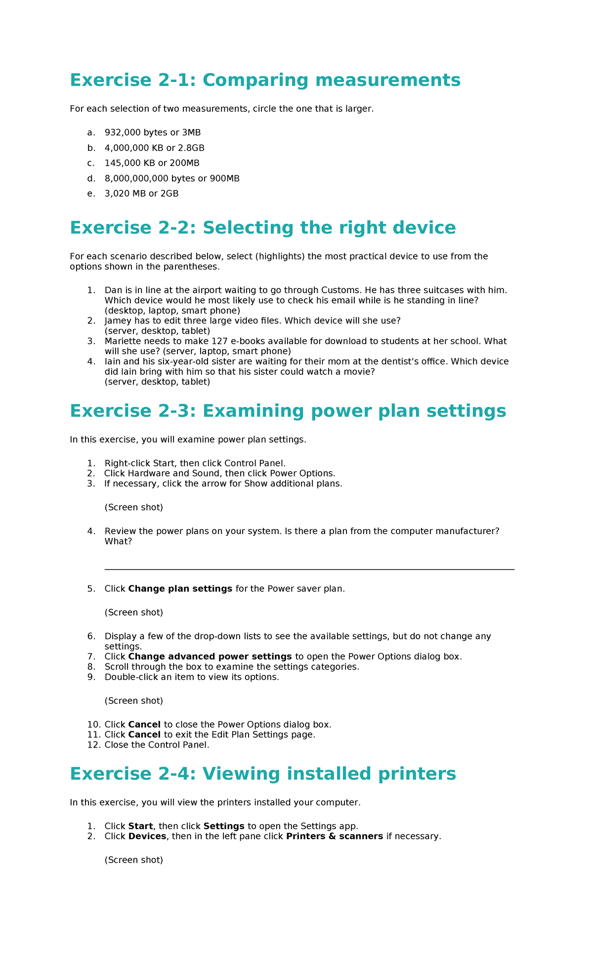 Lab Exercise - Lesson 2 - assignment - Exercise 2-1: Comparing measurements For each selection ...