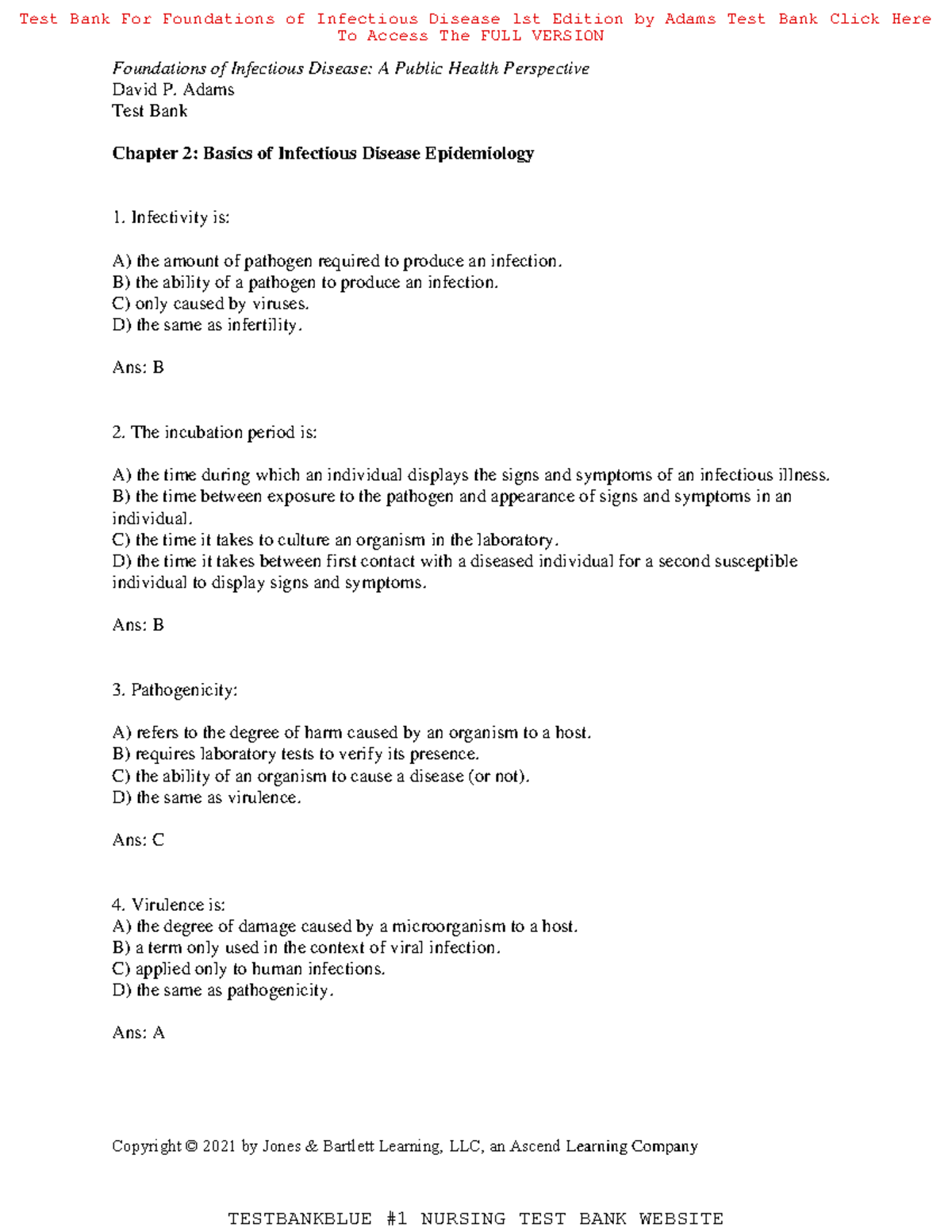 Test Bank for Foundations of Infectious Disease 1st Edition by Adams ...