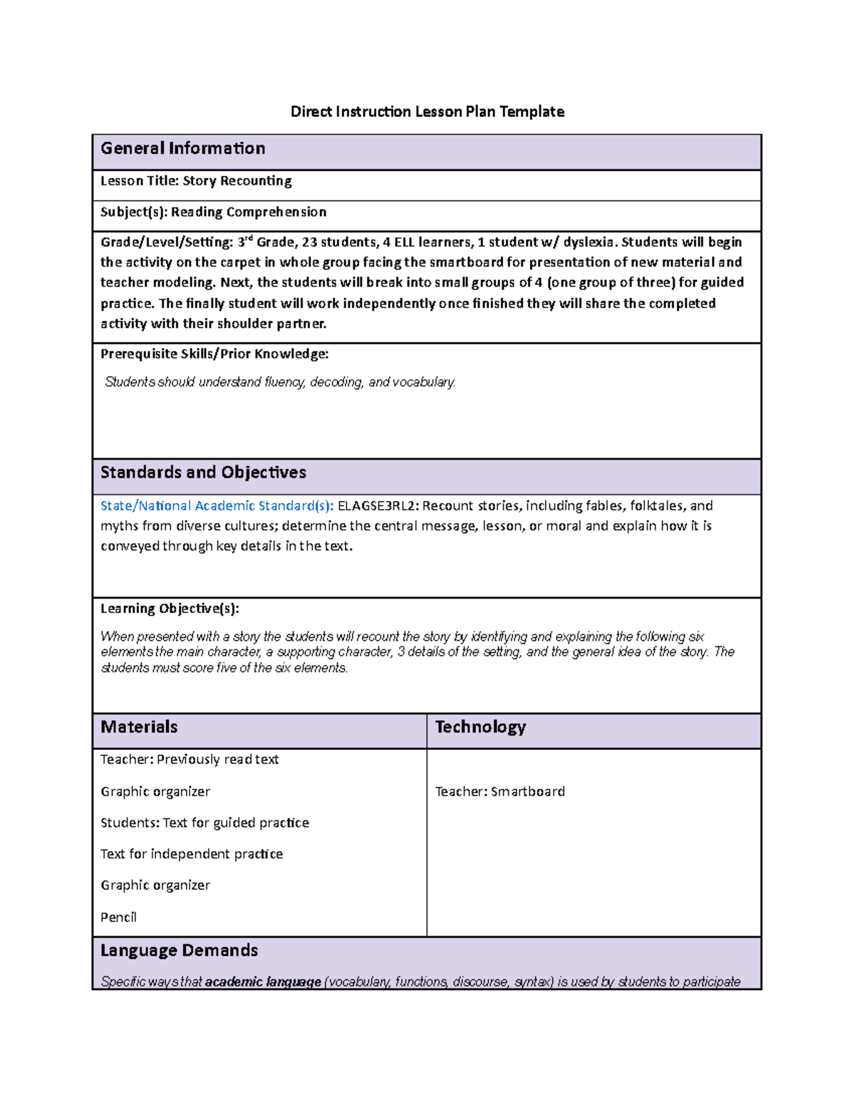 Story recounting Lesson plan - Direct Instruction Lesson Plan Template ...
