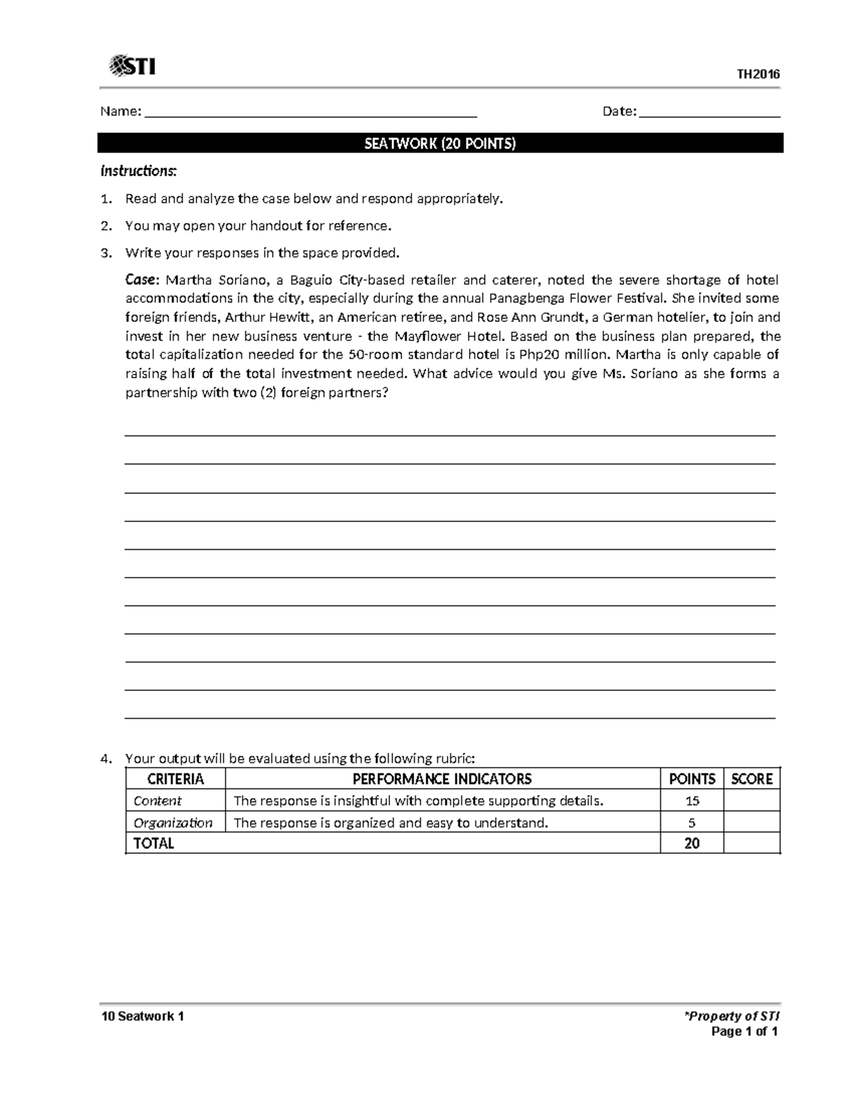 10 Seatwork 1 - TH Name: Date: SEATWORK (20 POINTS) Instructions: 1 ...