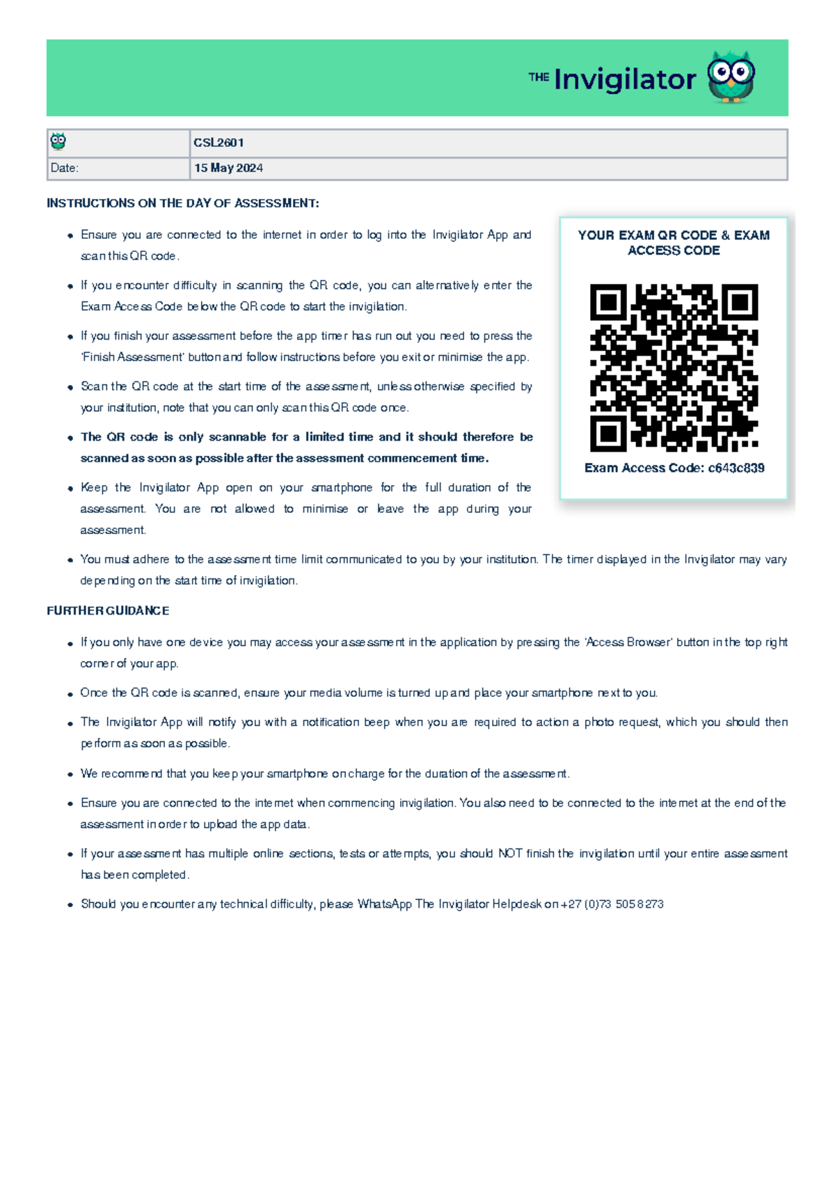 QR Code and Student Instruction document-CSL2601 - YOUR EXAM QR CODE ...