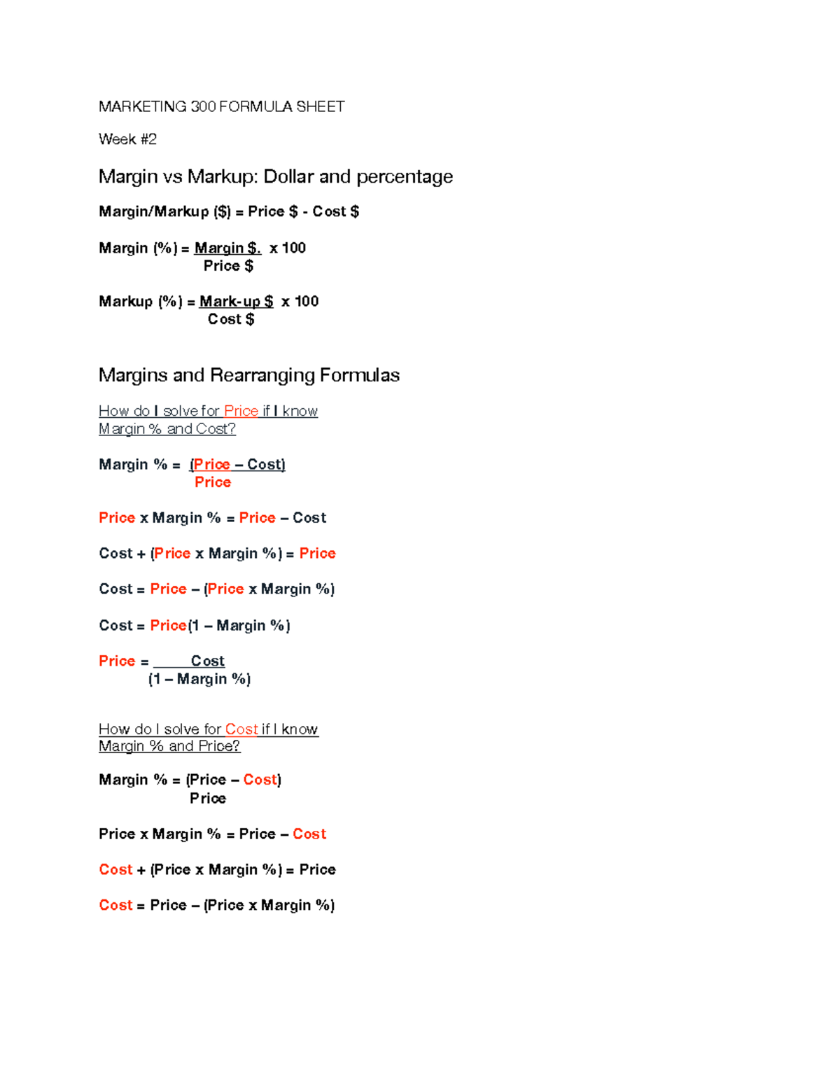 MKT 300 Formula sheet - MARKETING 300 FORMULA SHEET Week Margin vs ...