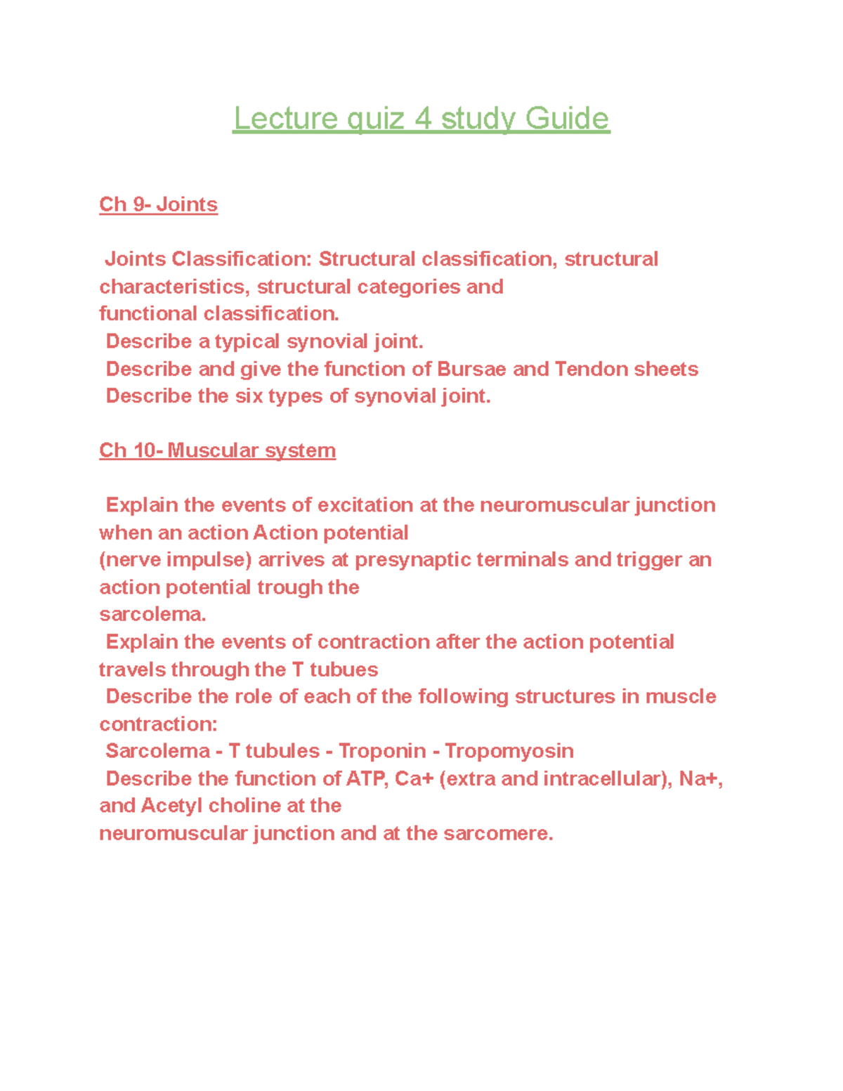 Lecture Quiz 4 study Guide - Lecture quiz 4 study Guide Ch 9- Joints Joints Classification ...