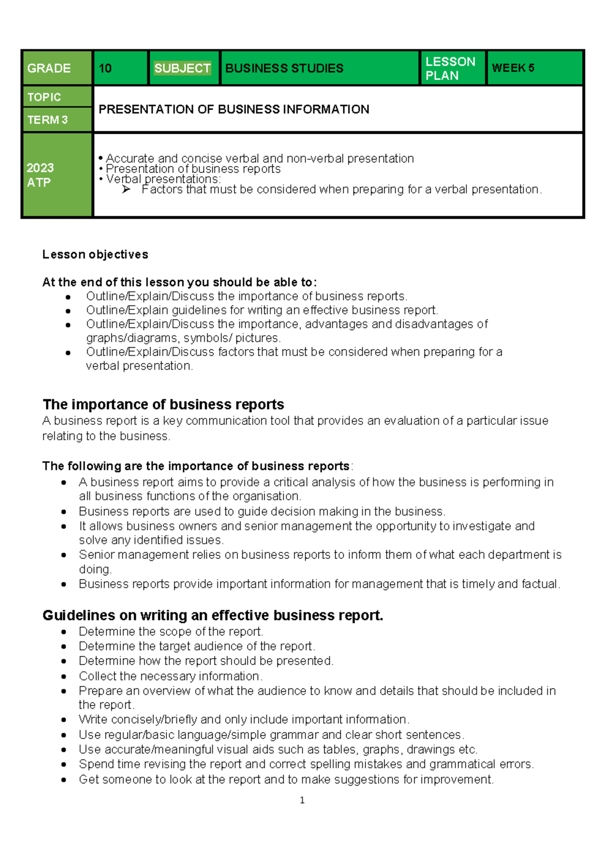 Business Studies Grade 10 Lesson PLAN 5&6 - GRADE 10 SUBJECT BUSINESS ...