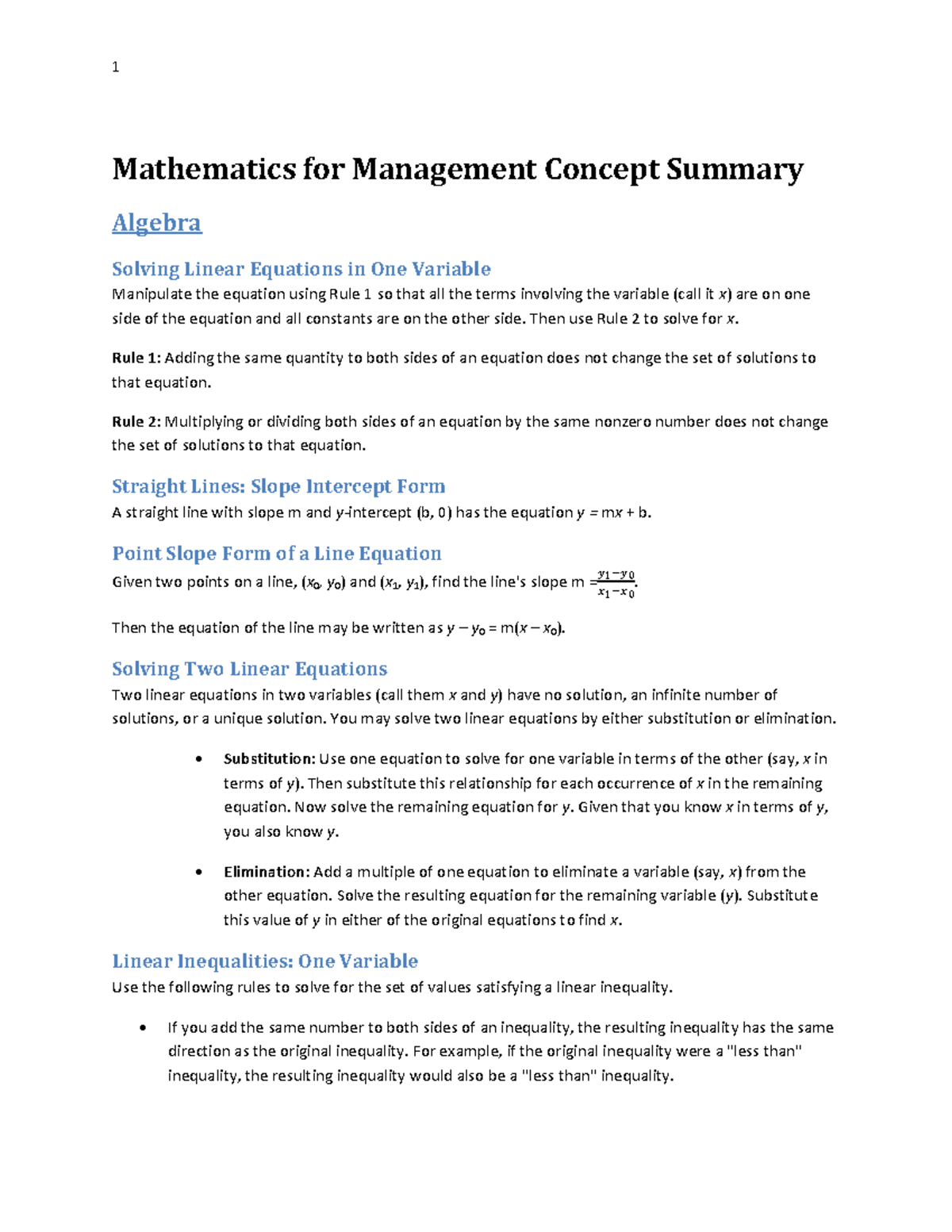 Conceptsummary - Math Concepts - 1 Mathematics for Management Concept ...