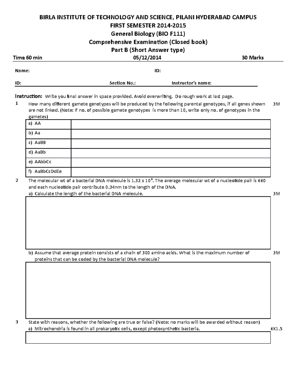 Comp Question BIO F111 part 2 SET B - BIRLA INSTITUTE OF TECHNOLOGY AND SCIENCE, PILANI ...