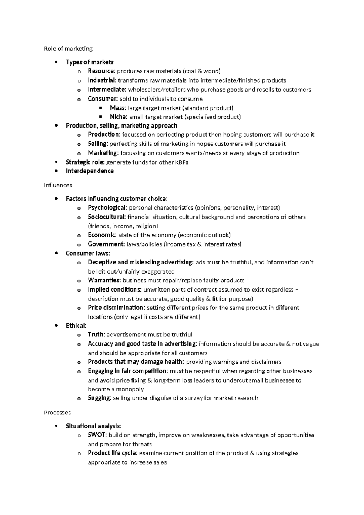 Business studies marketing notes - Role of marketing Types of markets o ...
