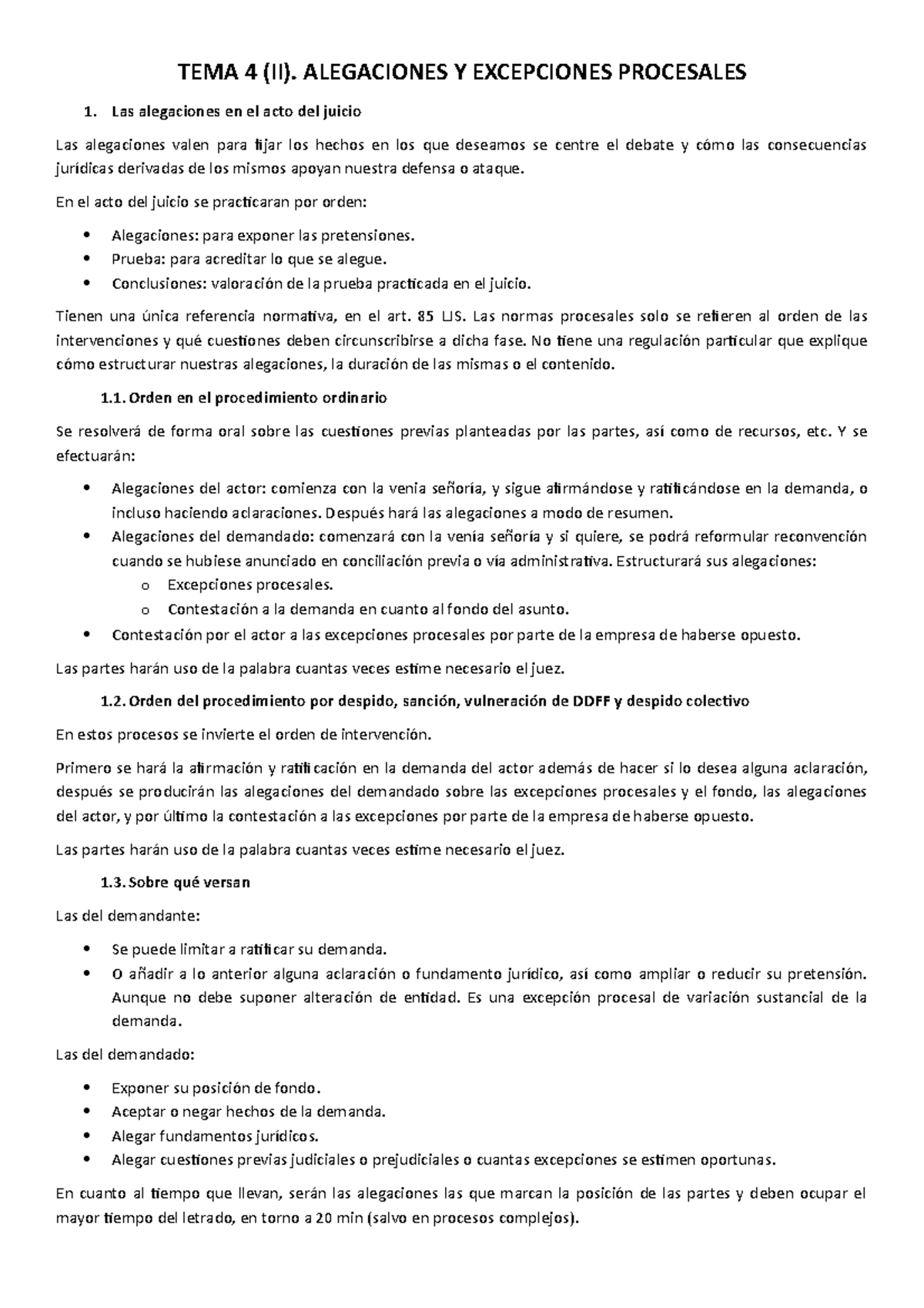 TEMA 4 - TEMA 4. Derecho laboral - TEMA 4 (II). ALEGACIONES Y EXCEPCIONES PROCESALES Las ...